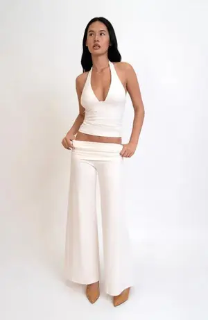 ODDLI Wide Leg Pants With Fold Over Waistband - Cream