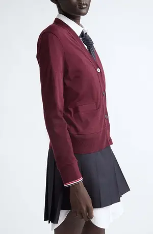 Thom Browne Stretch Wool Cardigan With Tipped Cuffs