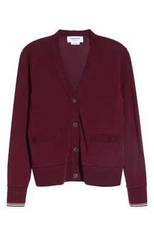 Thom Browne Stretch Wool Cardigan With Tipped Cuffs