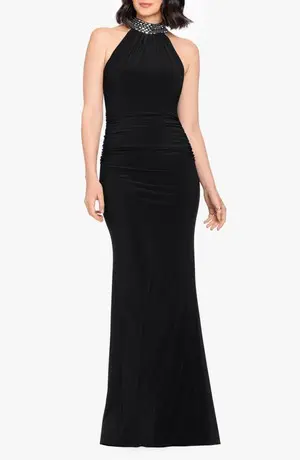 Betsy & Adam Beaded Mock Neck Column Gown - Black/silver