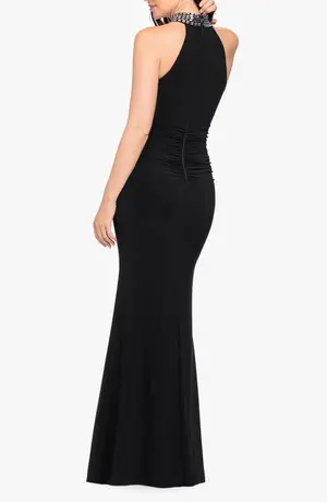 Betsy & Adam Beaded Mock Neck Column Gown
