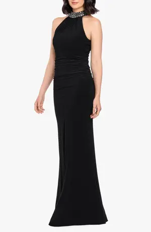 Betsy & Adam Beaded Mock Neck Column Gown