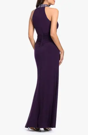 Betsy & Adam Beaded Mock Neck Column Gown - Plum/silver