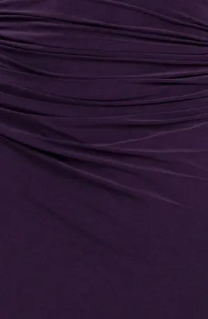 Betsy & Adam Beaded Mock Neck Column Gown - Plum/silver