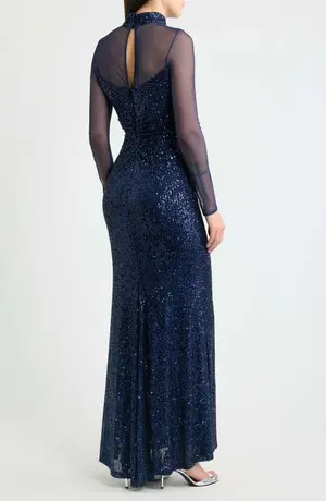 Eliza J Long Sleeve Mock Neck Sequin Gown