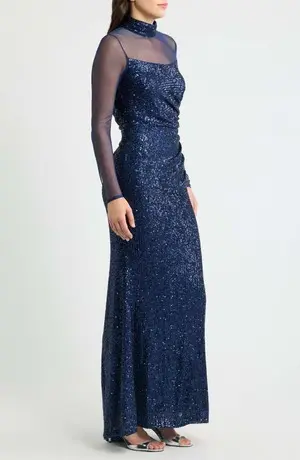 Eliza J Long Sleeve Mock Neck Sequin Gown