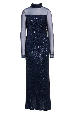 Eliza J Long Sleeve Mock Neck Sequin Gown
