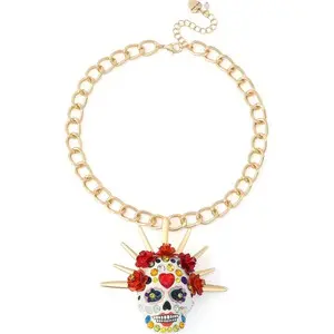 Betsey Johnson Sugar Skull Crown Pendant Necklace - Red
