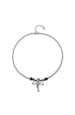 UNODE50 Sterling Plated Short Necklace With Central Dragonfly - Silver