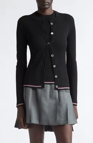 Thom Browne Crewneck Wool Cardigan With Signature Stripes - Black