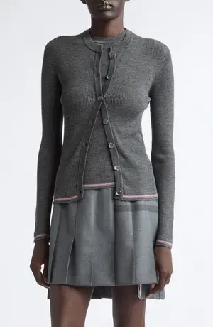 Thom Browne Crewneck Wool Cardigan With Signature Stripes - Medium Grey