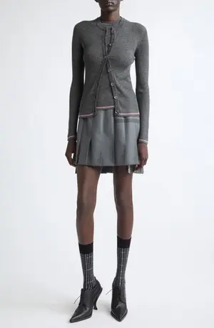 Thom Browne Crewneck Wool Cardigan With Signature Stripes - Medium Grey