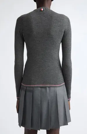 Thom Browne Crewneck Wool Cardigan With Signature Stripes - Medium Grey