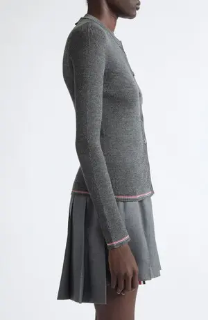 Thom Browne Crewneck Wool Cardigan With Signature Stripes - Medium Grey