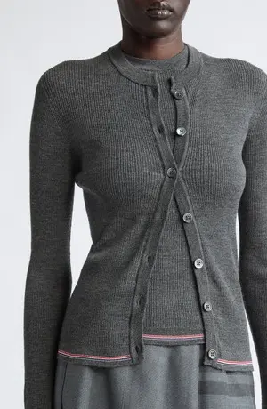 Thom Browne Crewneck Wool Cardigan With Signature Stripes - Medium Grey