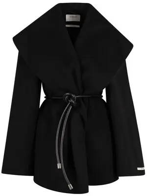 Sportmax Wrap Coat In Wool With Leather Belt - Black