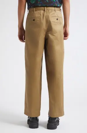 Sacai Belted Pleat Front Cotton Chinos - Dark Beige