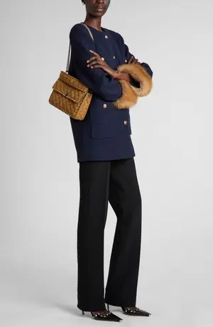 Valentino Garavani Wool Blend Tweed Jacket With Faux Fur Cuffs