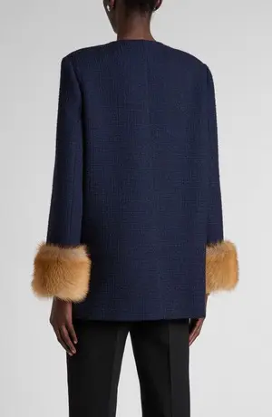 Valentino Garavani Wool Blend Tweed Jacket With Faux Fur Cuffs