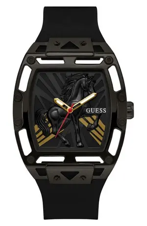 Guess Tonneau Silicone Strap Watch With Horse Motif - Black