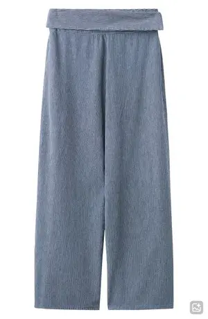 Mango Striped Foldover Waist Wide Leg Cotton Jeans