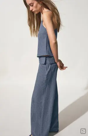Mango Striped Foldover Waist Wide Leg Cotton Jeans