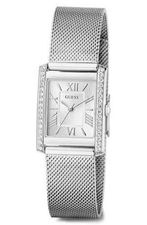 Guess Crystal Bezel Tank Mesh Strap Watch - White/silver