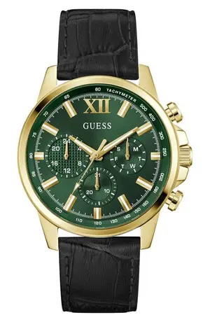 Guess Walker Green Dial Multifunction Leather Strap Watch - Black