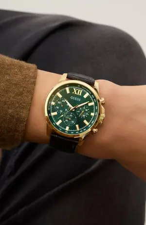 Guess Walker Green Dial Multifunction Leather Strap Watch