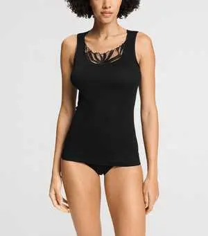 Hanro Cotton Rosaria Tank Top With Floral Embroidery - Black