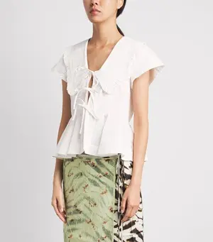 GANNI Cotton Bow Detail Peplum Blouse