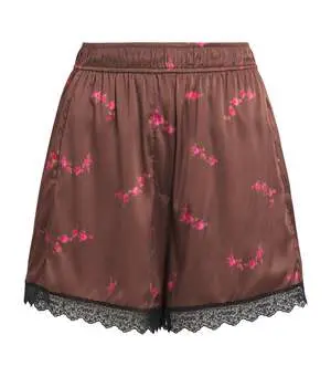 GANNI Floral Print Satin Lace-trimmed Shorts - White