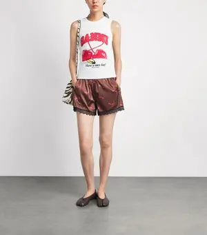 GANNI Floral Print Satin Lace-trimmed Shorts
