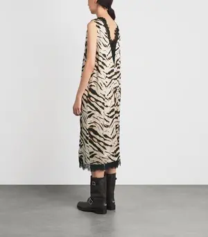 GANNI Zebra Print Midi Dress With Lace Trims - Ivory