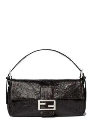 Fendi Mini Baguette Crackled Calfskin Bag - Nero