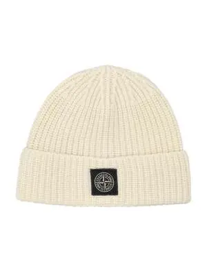 Stone Island Geelong Wool Rib Knit Beanie With Compass Patch - Bianco