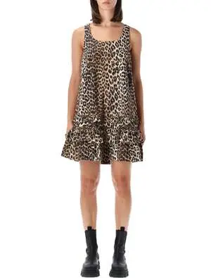 GANNI Leopard Mini Dress In Organic Cotton Poplin - Marrone