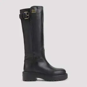 Miu Miu Knee High Buckled Leather Boots - Black