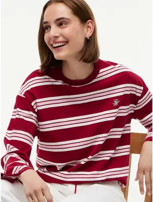 Tommy Hilfiger Relaxed Fit Striped Drawcord T-shirt - Stripe Raspberry