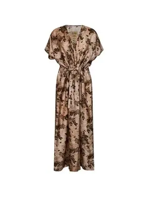 UMA WANG Printed V-neck Short Sleeve Maxi Dress - Brown