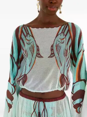 Farm Rio Fish-print Open-knit Blouse