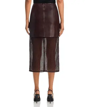 MILLY Novah Faux Leather Midi Skirt With Lace Detail