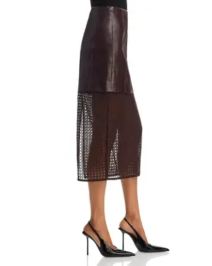 MILLY Novah Faux Leather Midi Skirt With Lace Detail