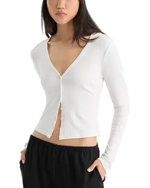 Good American The Rib V Neck Cardigan Tee - Chalk