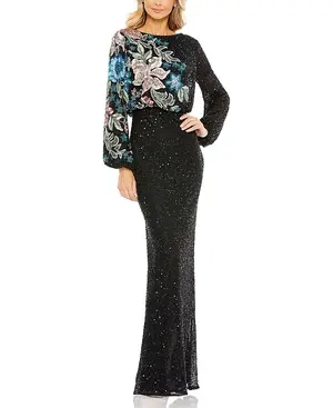 Mac Duggal Embellished Floral High Neck Gown - Black Multi
