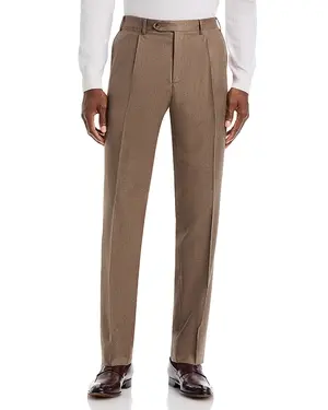 Canali Regular Fit Pleat Flannel Trousers - Light Brown