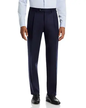 Canali Regular Fit Pleat Flannel Trousers - Navy