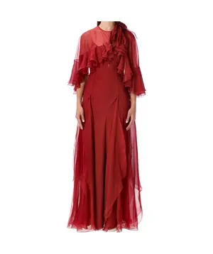 Alberta Ferretti Satin Chiffon Gown With Tiered Ruffled Shawl - No