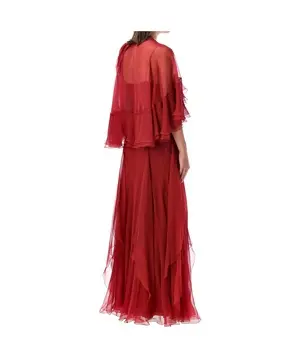 Alberta Ferretti Satin Chiffon Gown With Tiered Ruffled Shawl - No