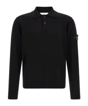 Stone Island Logo Patch Knitted Polo Shirt - Black